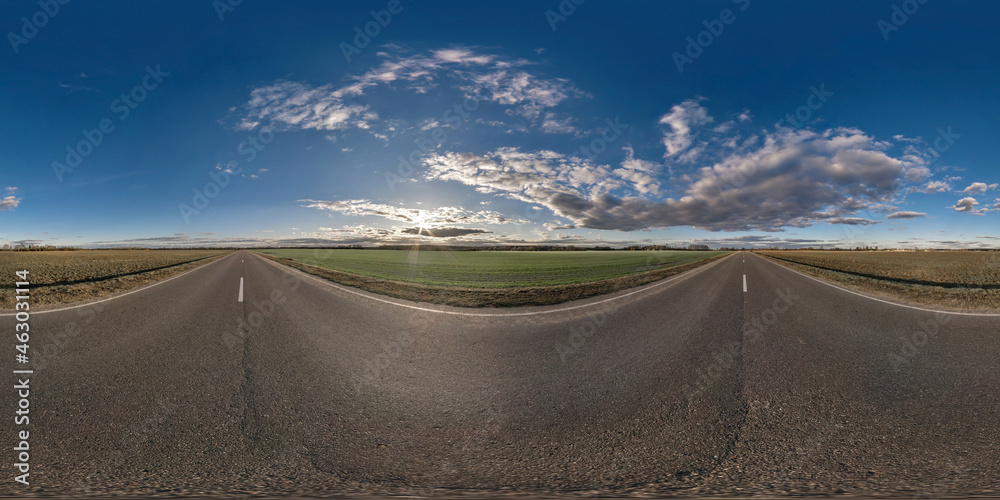 seamless hdri 360 panorama view on asphalt road among fields in summer ...