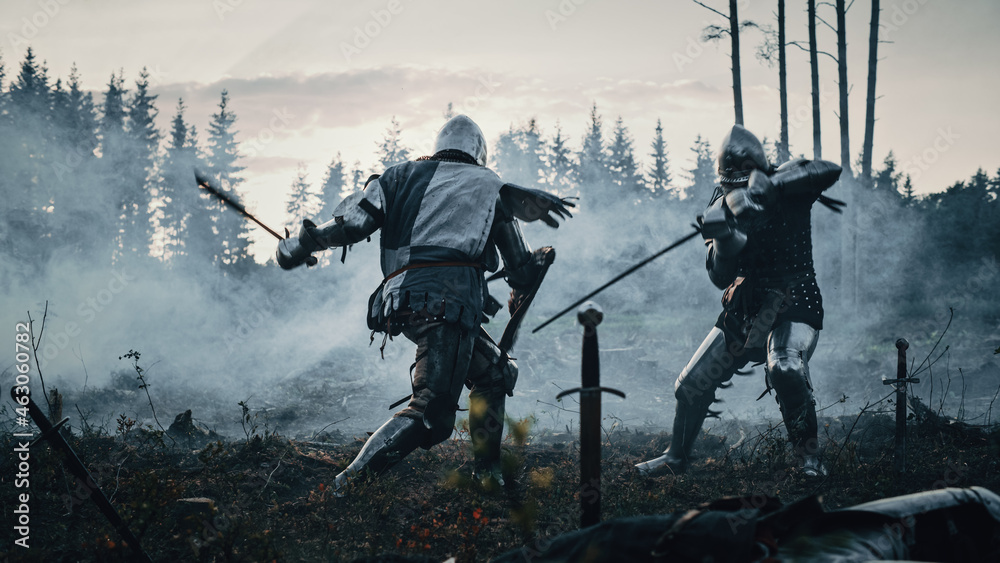 Epic Battlefield: Two Armored Medieval Knights Fighting with Swords. Dark Ages Army Warfare ...