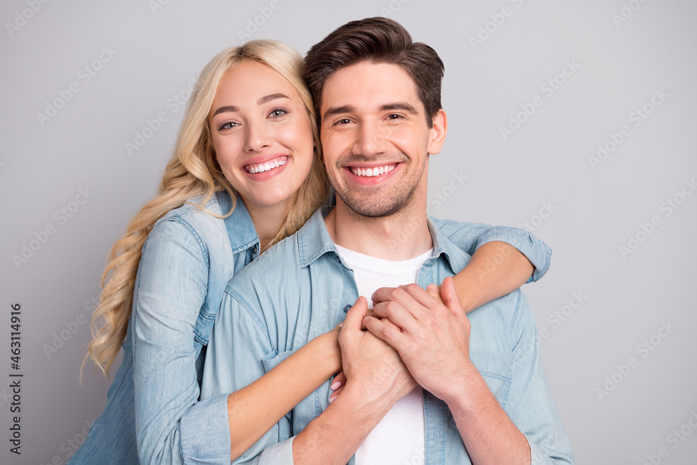 Portrait of attractive cheerful tender couple life partners hugging ...