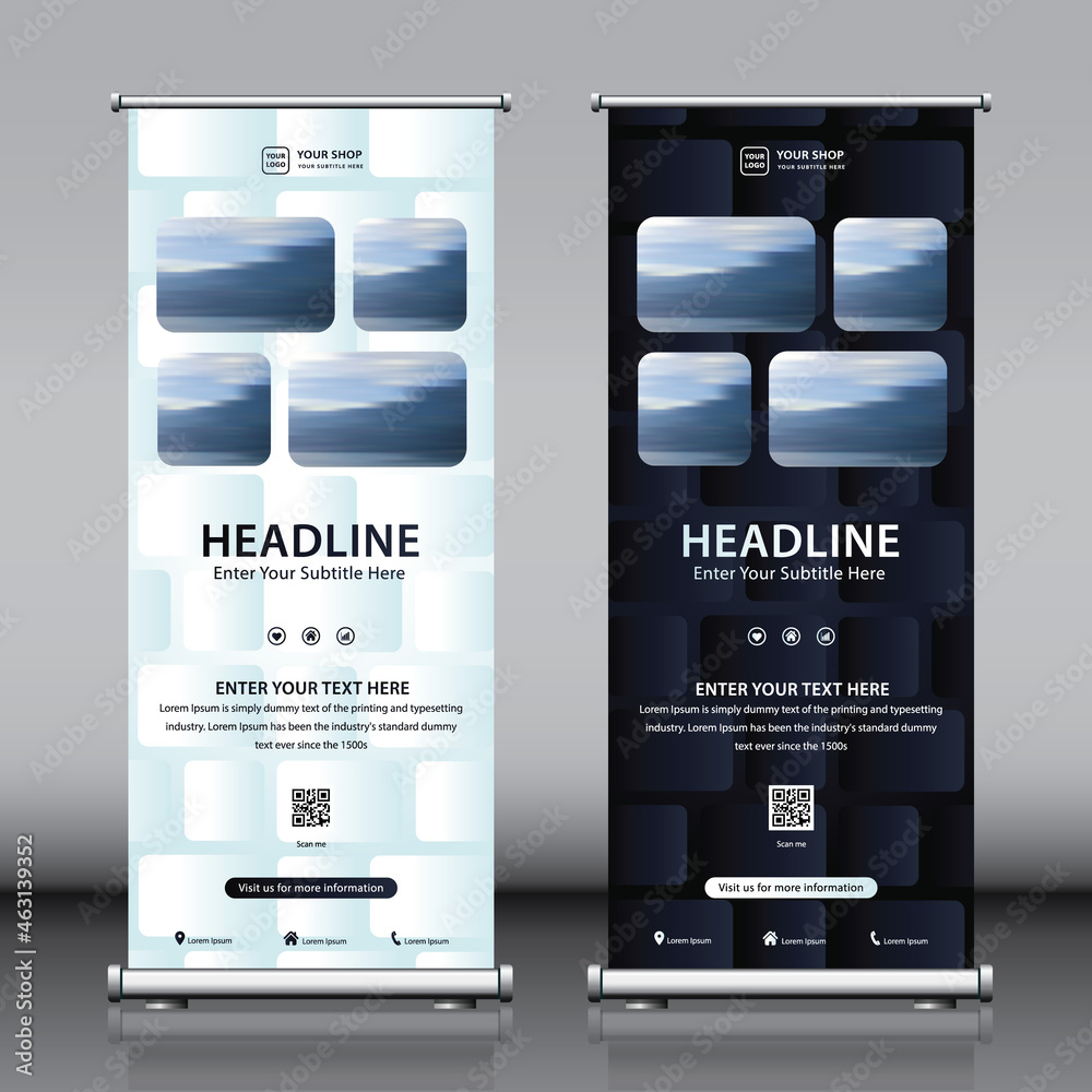 Roll up banner design with square shapes artwork, patterns and images ...