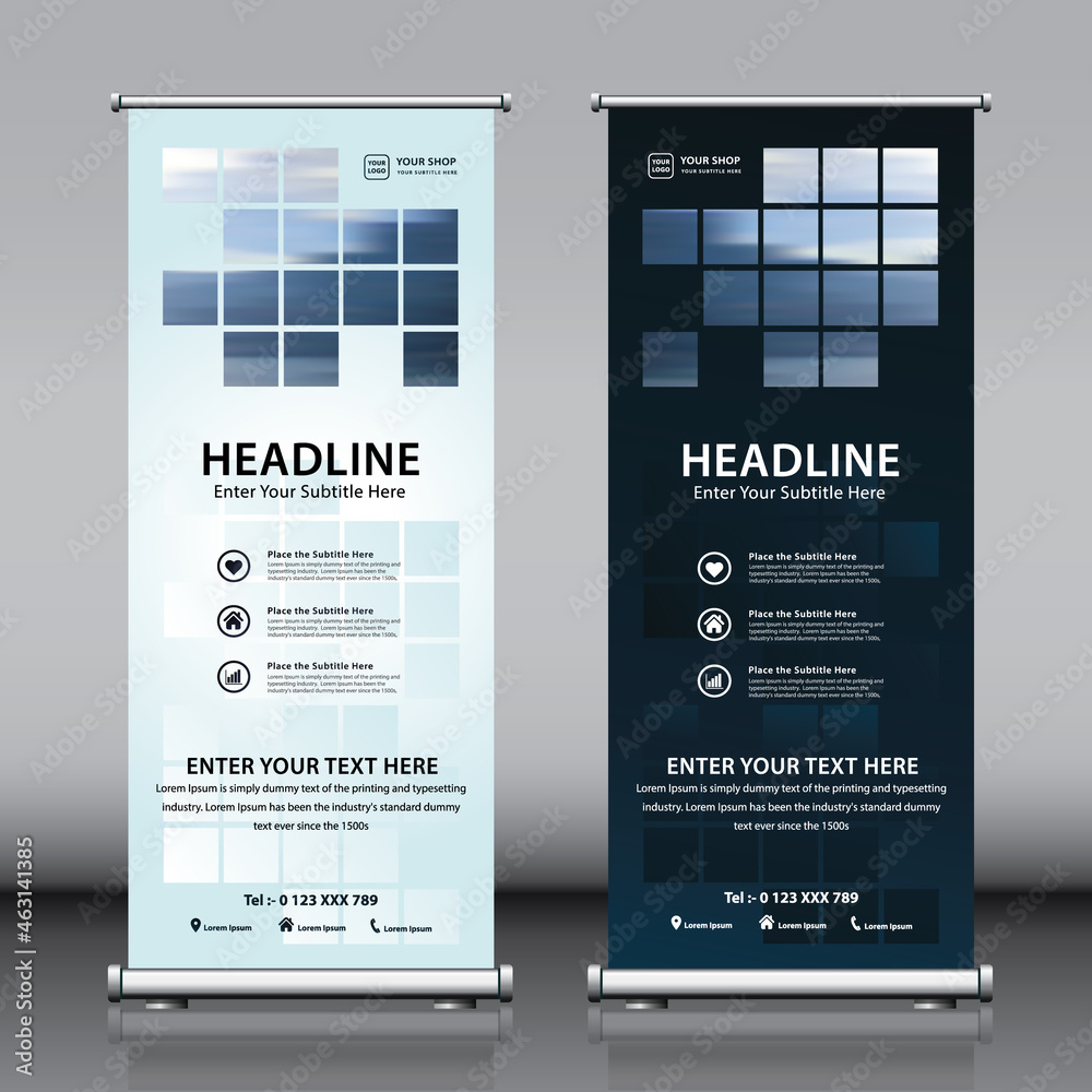 Roll up banner design with square tiles shapes artwork tiles patterns ...