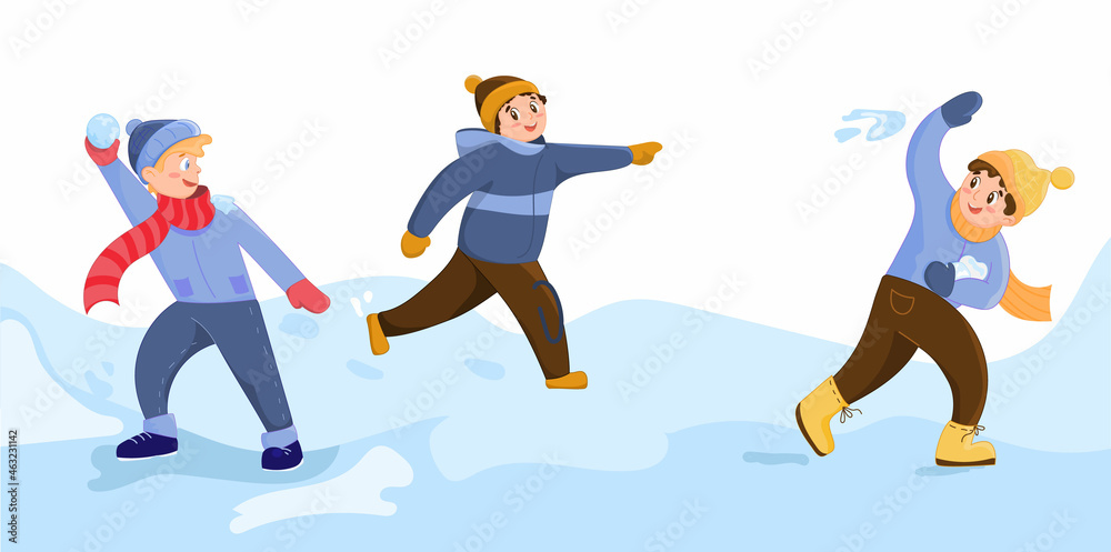 Vector illustration of happy children playing snowballs together in the ...