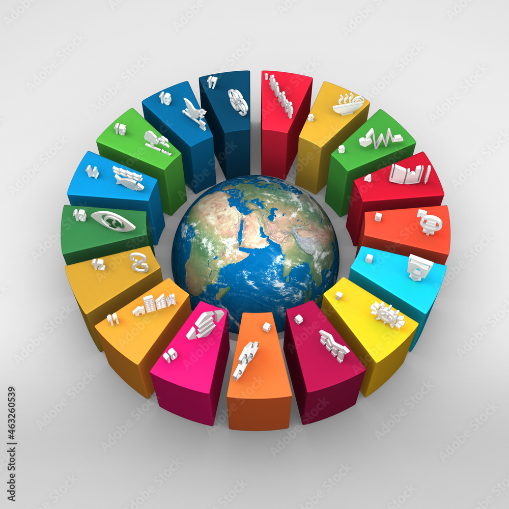 Colorful Sustainable Development Wheel over the earth isolated on white ...