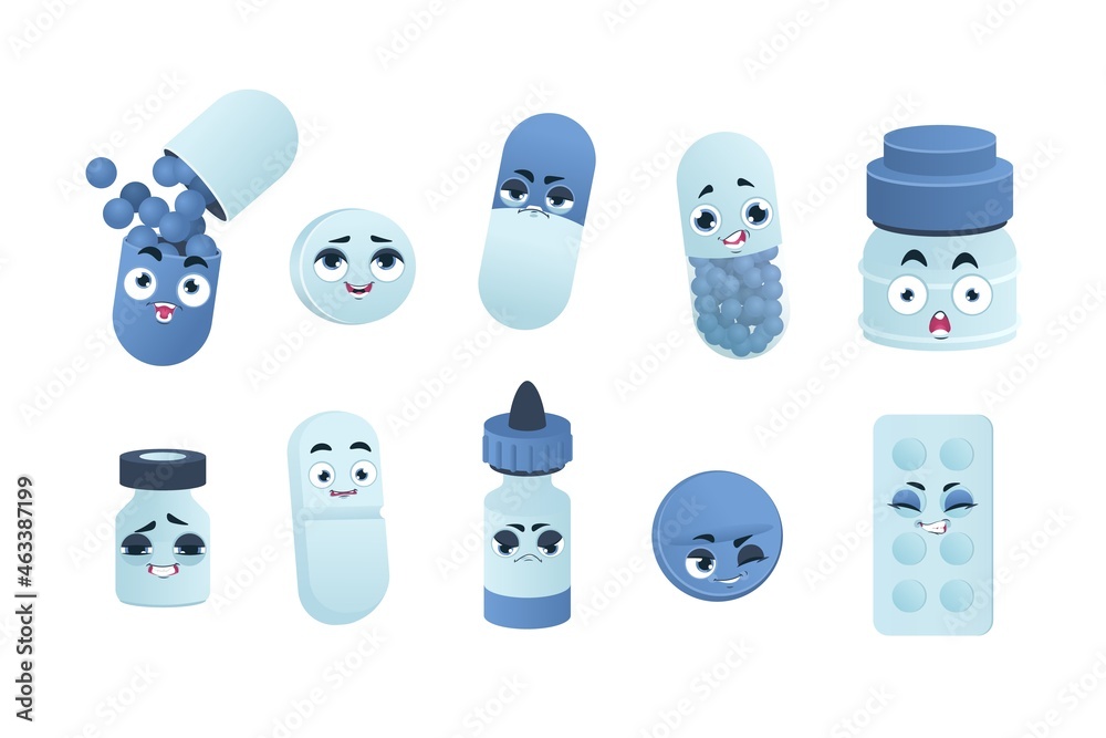 Pills characters. Cartoon medicine drugs and funny vitamins mascots ...