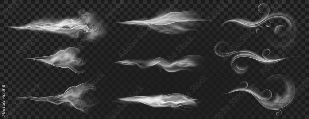 Realistic wind blow swirls, smoke air or hot steam. Curved flow waves ...