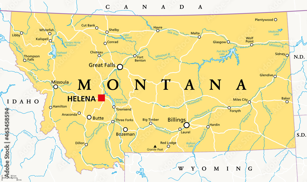 Montana, MT, political map with the capital Helena. State in the ...