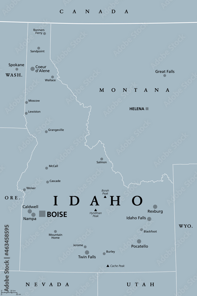 Idaho, ID, gray political map with capital Boise, borders, important ...