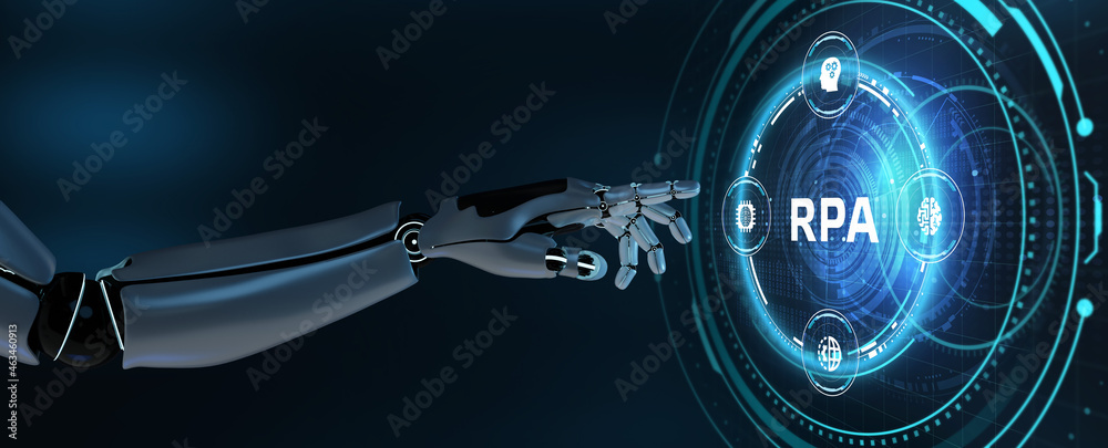 RPA Robotic process automation innovation technology concept. Robot pressing button on virtual ...