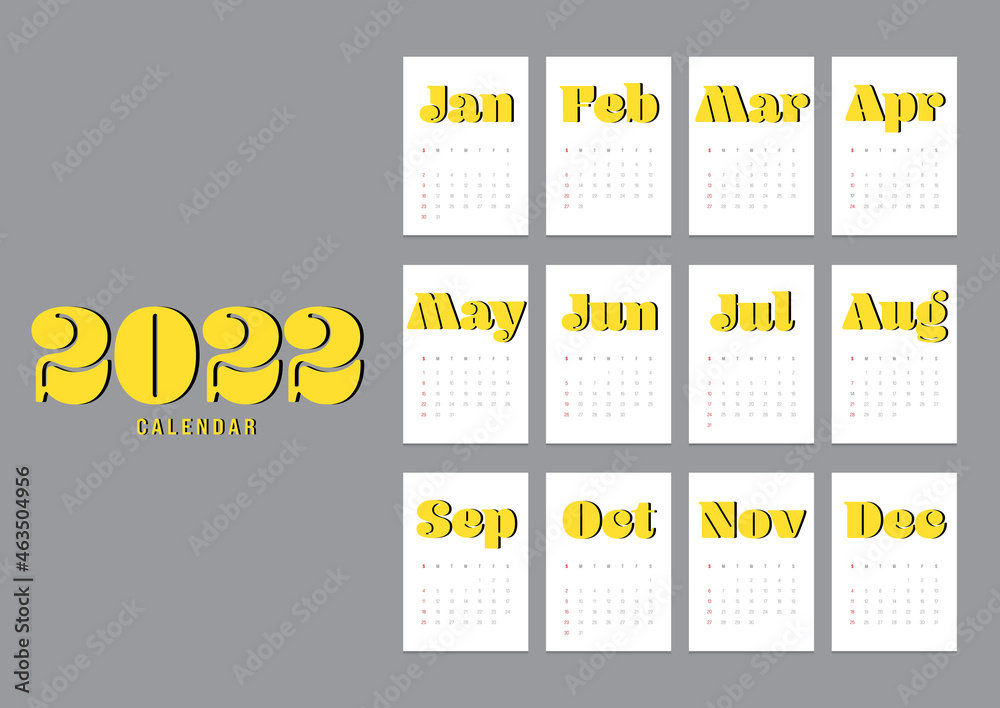 2022 printable monthly calendar template design, week starts on Sunday ...