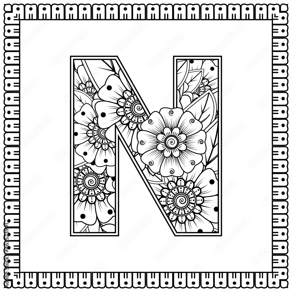 Letter N made of flowers in mehndi style. coloring book page. outline ...
