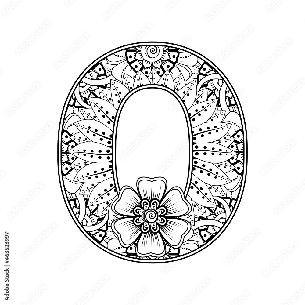 Letter O made of flowers in mehndi style. coloring book page. outline ...