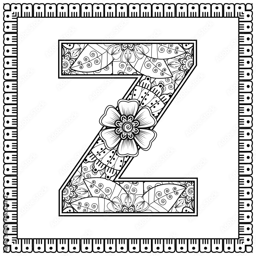 Letter Z made of flowers in mehndi style. coloring book page. outline ...