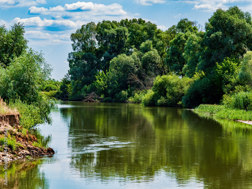 River flow of water along the steep bank. Reflection in water. Trees ...