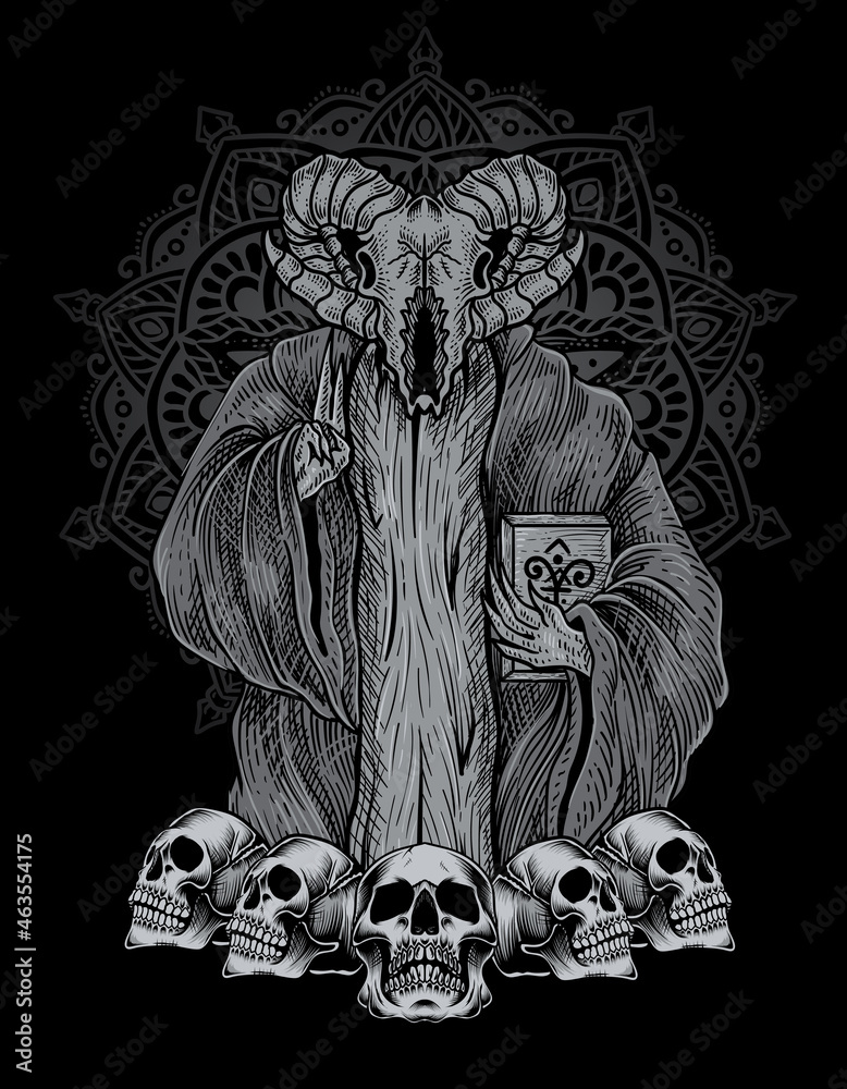 illustration scary baphomet skull on engraving ornament Stock Vector ...