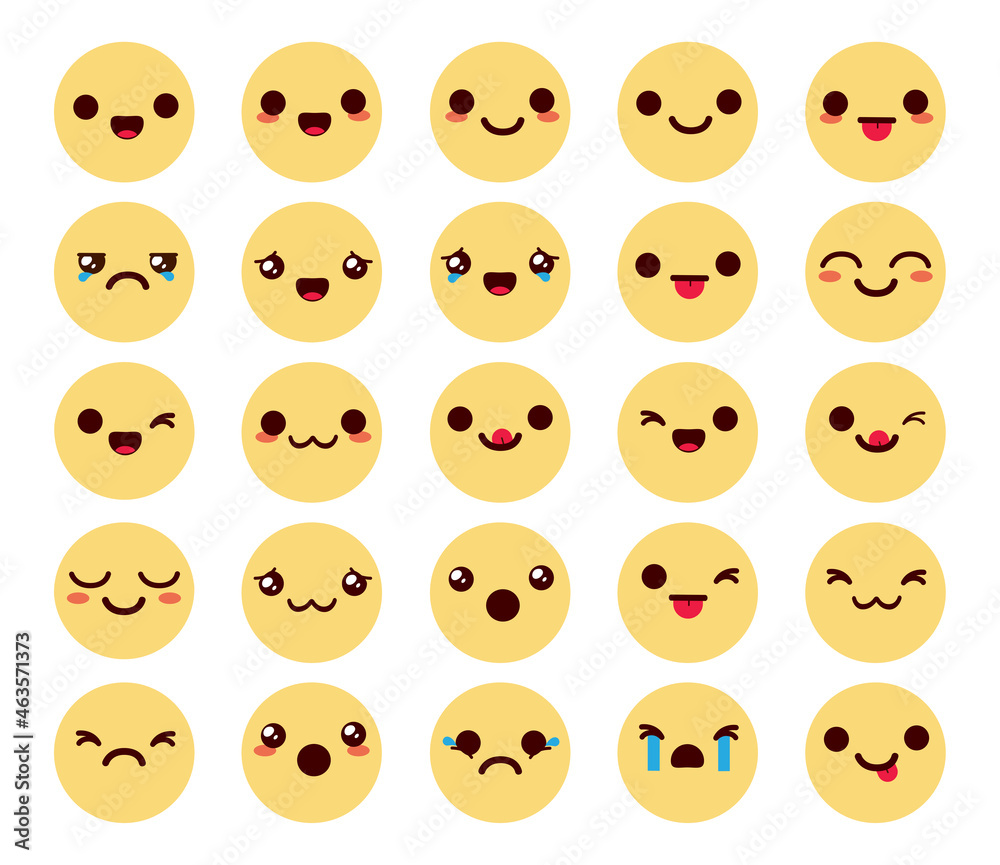 Smileys chibi characters vector set. Emoticon kawaii emojis collection ...