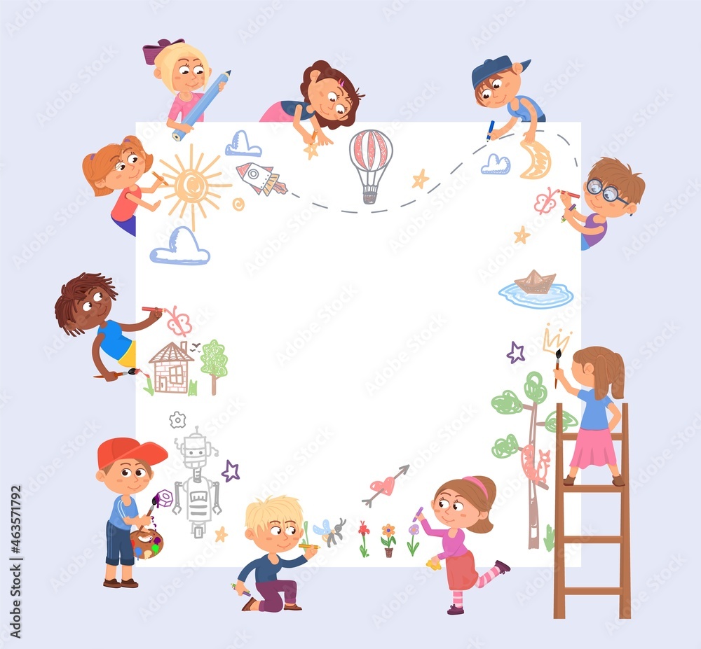 Children banner. Drawing kids, girl painting wall. Cartoon child draw ...