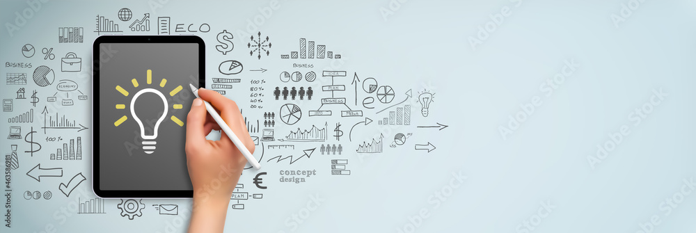 Drawing business concept sketch on the desk and tablet. Realistic ...