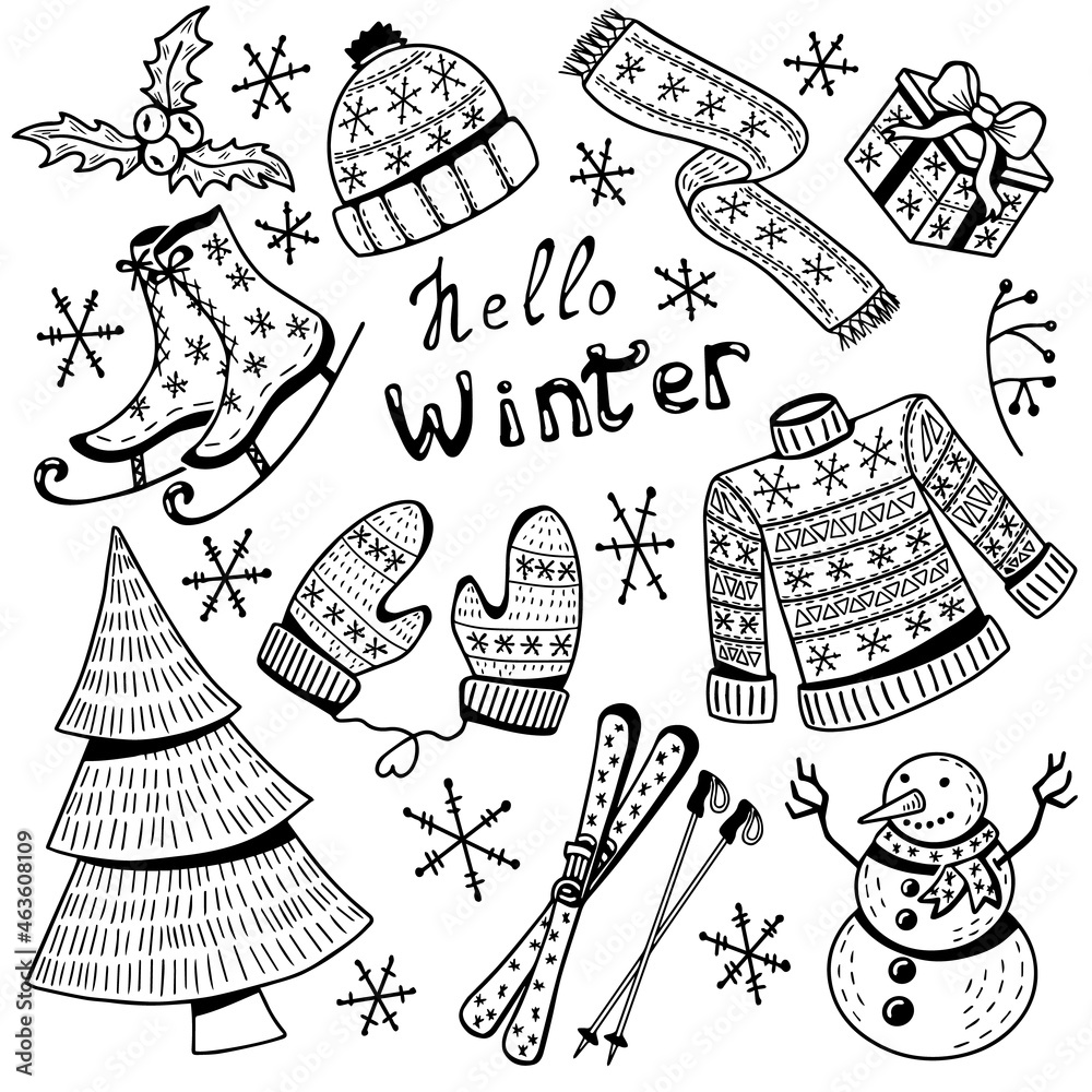 Vector set of winter black and white outline stickers. Hand drawn ...