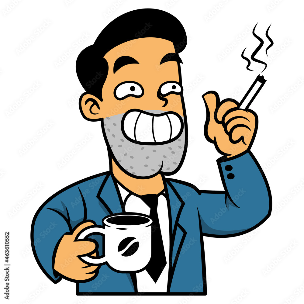 Cartoon illustration of Worker smoking and drinking coffee at office ...