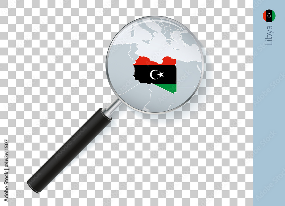 Libya map with flag in magnifying glass on transparent background ...