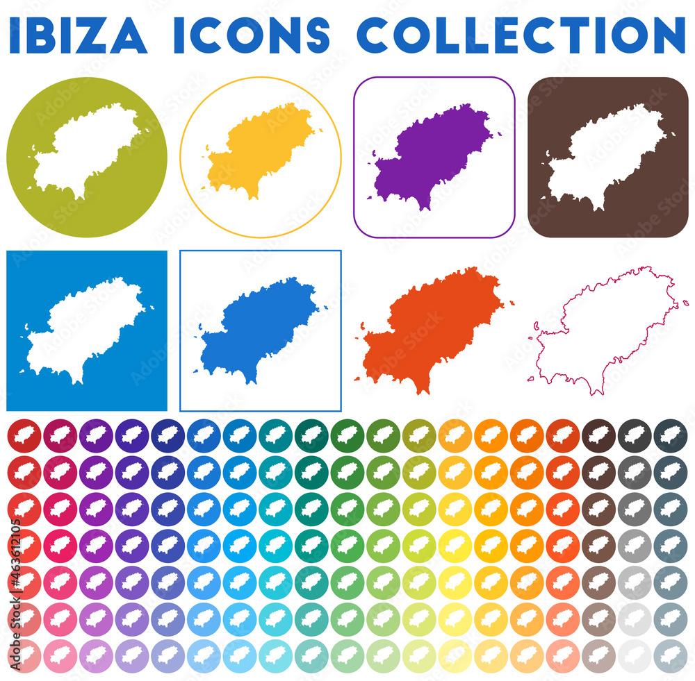 Ibiza icons collection. Bright colourful trendy map icons. Modern Ibiza ...