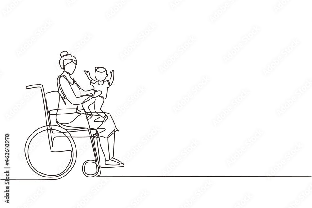 Single one line drawing happy disabled mother with her child ...