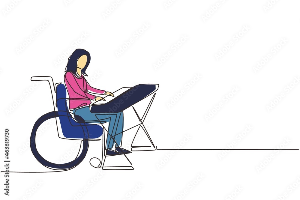Single continuous line drawing beautiful female sit wheelchair playing ...