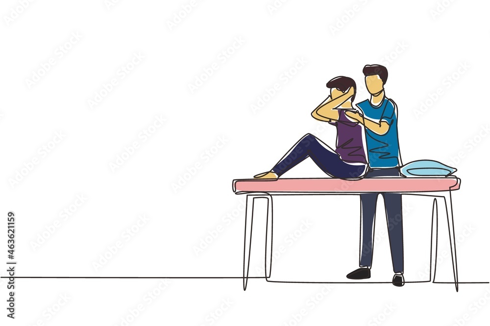 Single one line drawing man sitting on massage table masseur doing ...