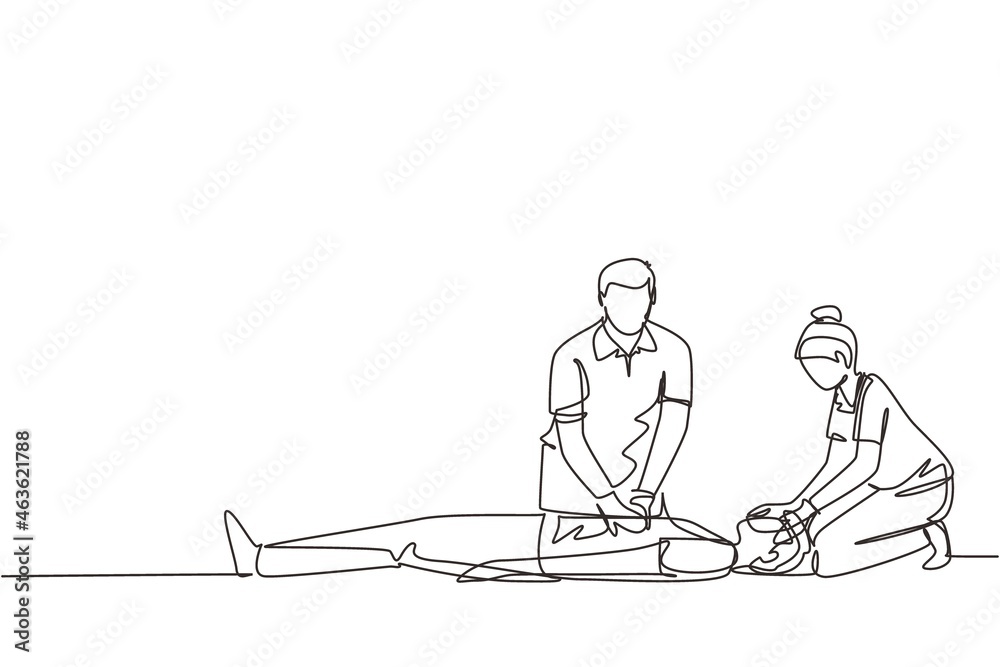 Single continuous line drawing emergency doctors doing cardiopulmonary ...