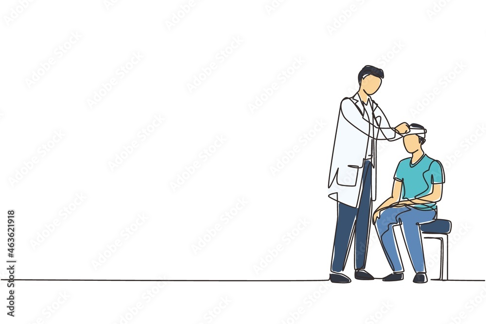 Continuous one line drawing doctor bandaging head of injured young man ...