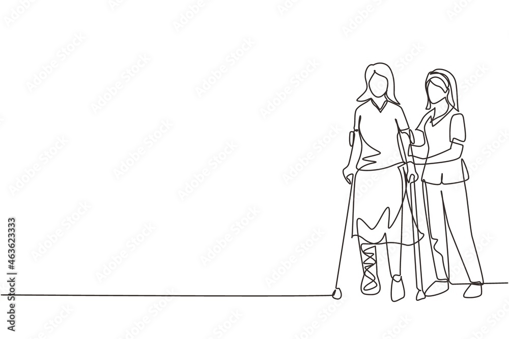 Single one line drawing woman patient learning to walk using crutches ...