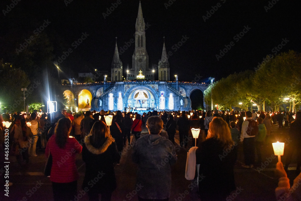 Lourdes, France - 9 Oct 2021: Pilgrims attend the Marian Torchlight ...