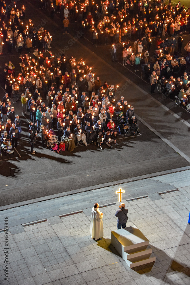 Lourdes, France - 9 Oct 2021: Pilgrims attend the Marian Torchlight ...