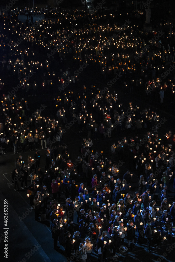 Lourdes, France - 9 Oct 2021: Pilgrims attend the Marian Torchlight ...