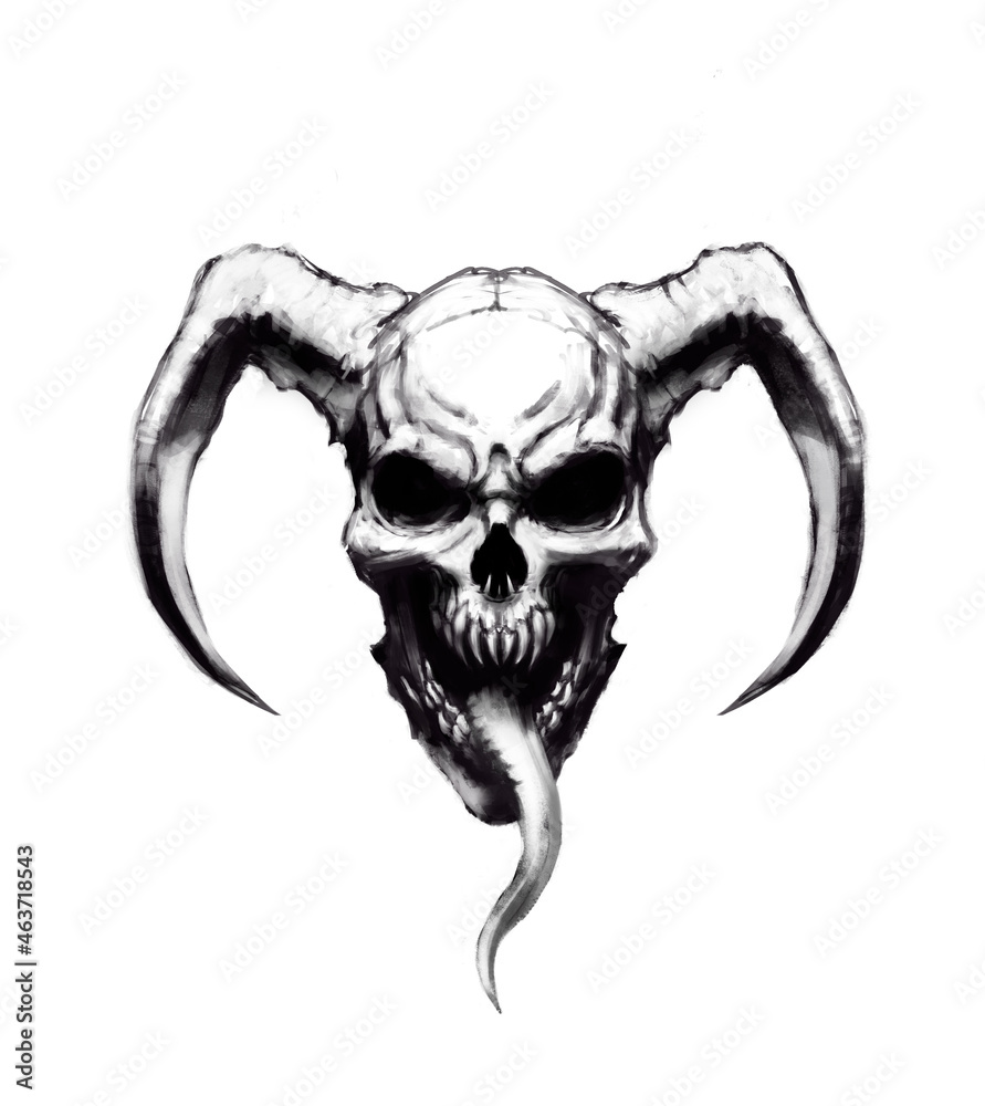 Evil white demonic skull with tongue and horns Stock Illustration ...