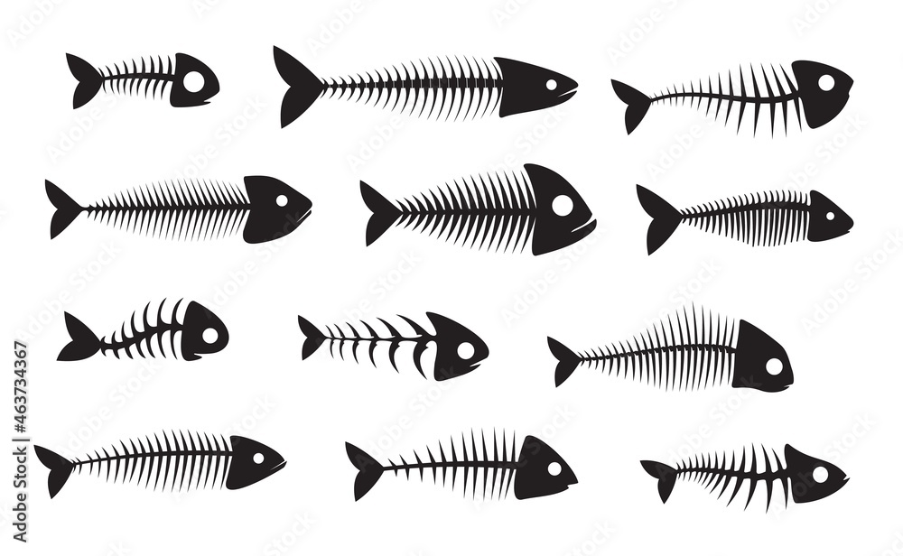 Fish bone silhouette icons, black isolated fishbone vector skeletons ...