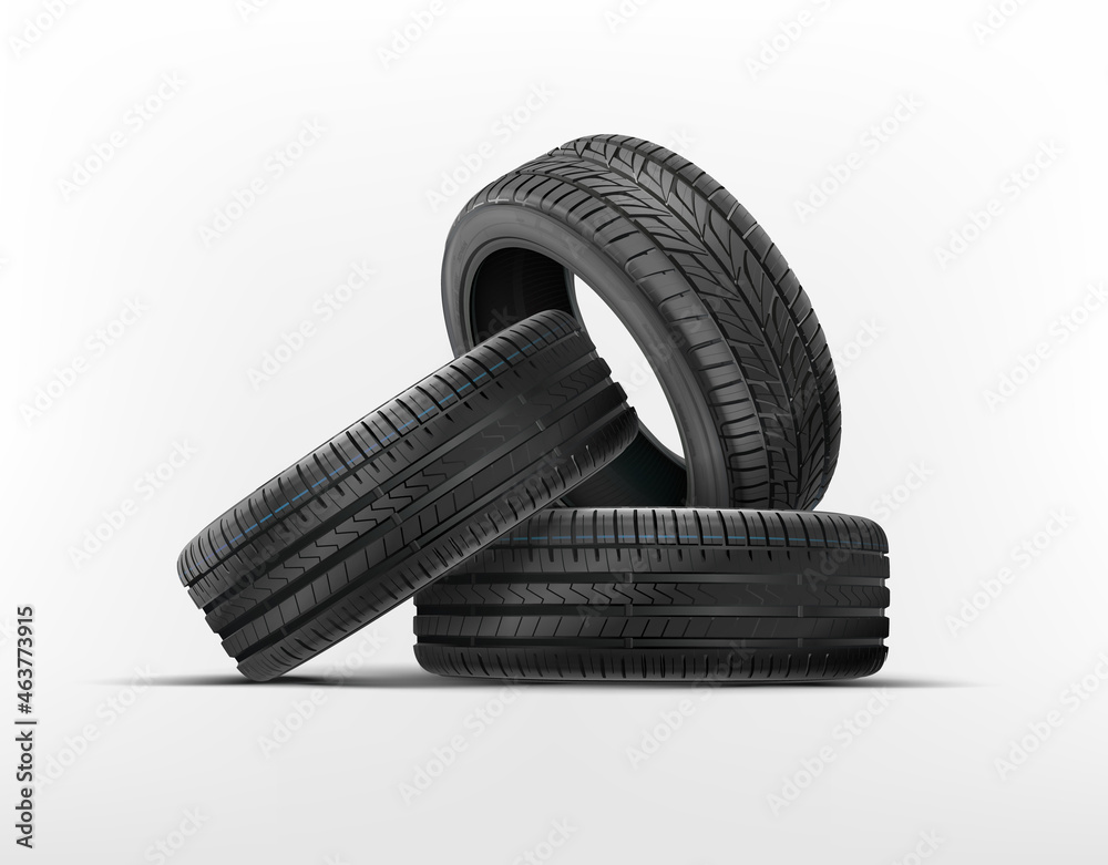 Wall of tyres. Car tyres pile. Car wheels set isolated on a white background. Car tires with ...