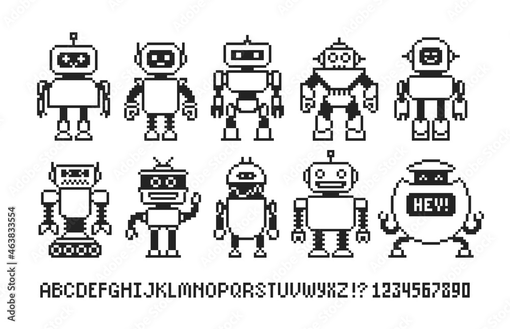 Pixel art cartoon robots 8-bit icons with type font isolated vector collection. Funny robots and ...