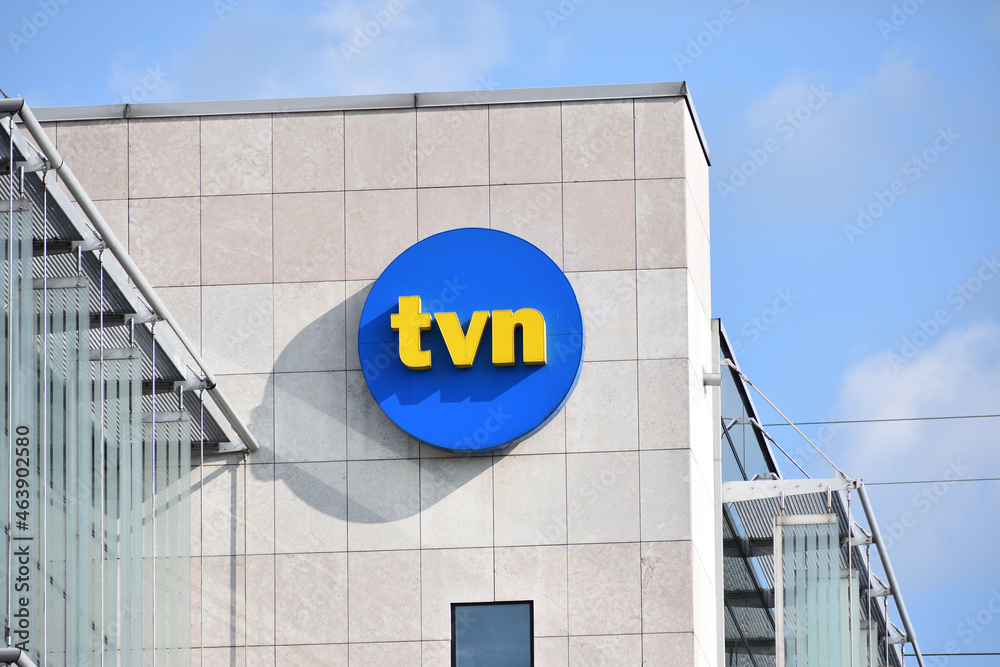 TVN Polish TV channel signage, symbol, emblem on the facade of the ...