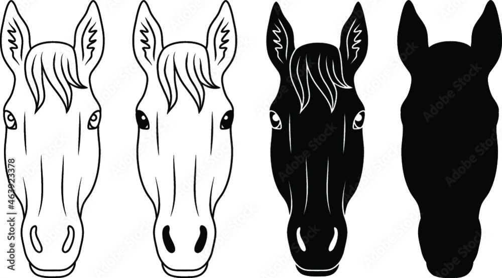 Horse Face / Head Front Clipart Set - Outline and Silhouette Stock ...