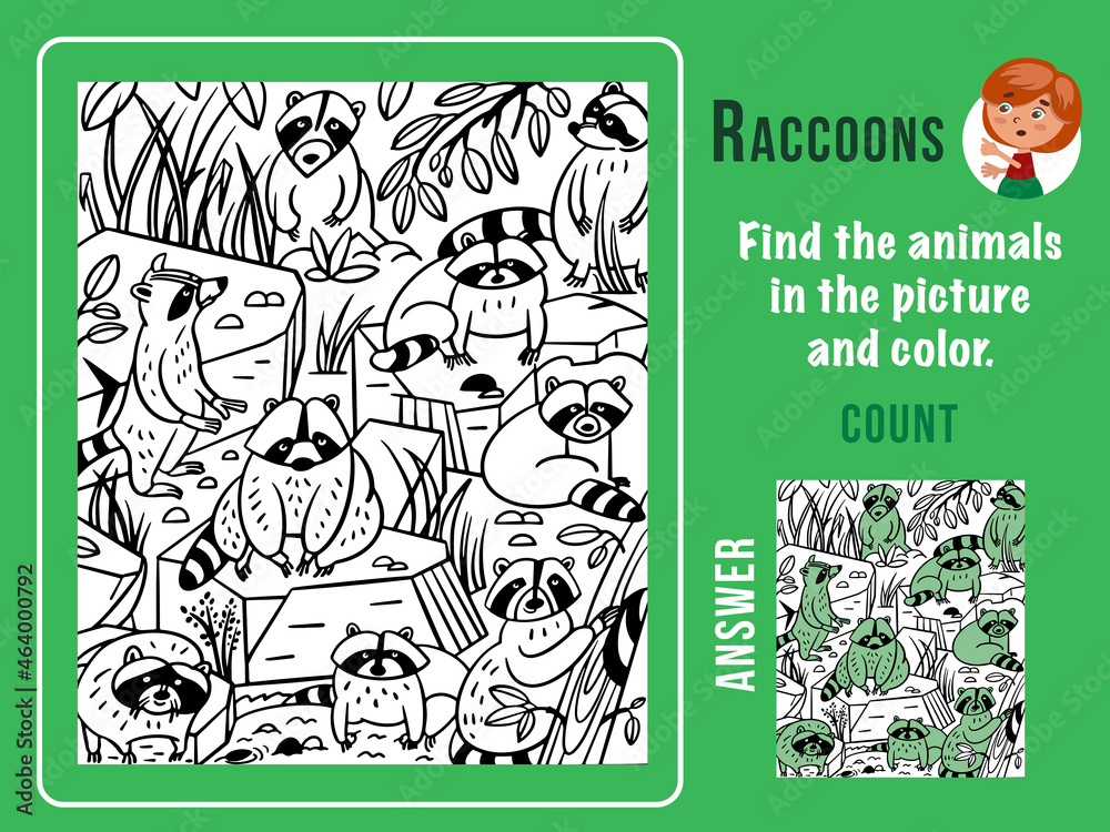 Find raccoons, color and count. Games for kids. Puzzle game with hidden ...