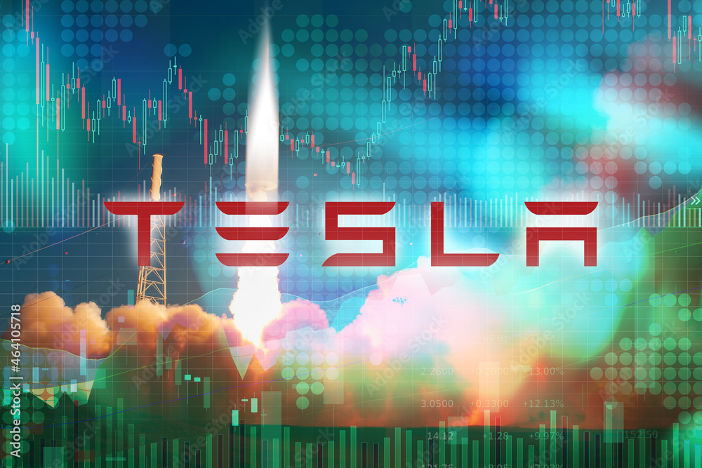 TESLA TSLA stock ticker going to the Moon over rocket launch image in ...