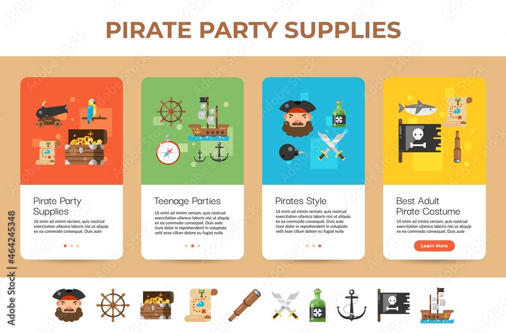 Pirate party supplies set advertising landing page vector illustration ...