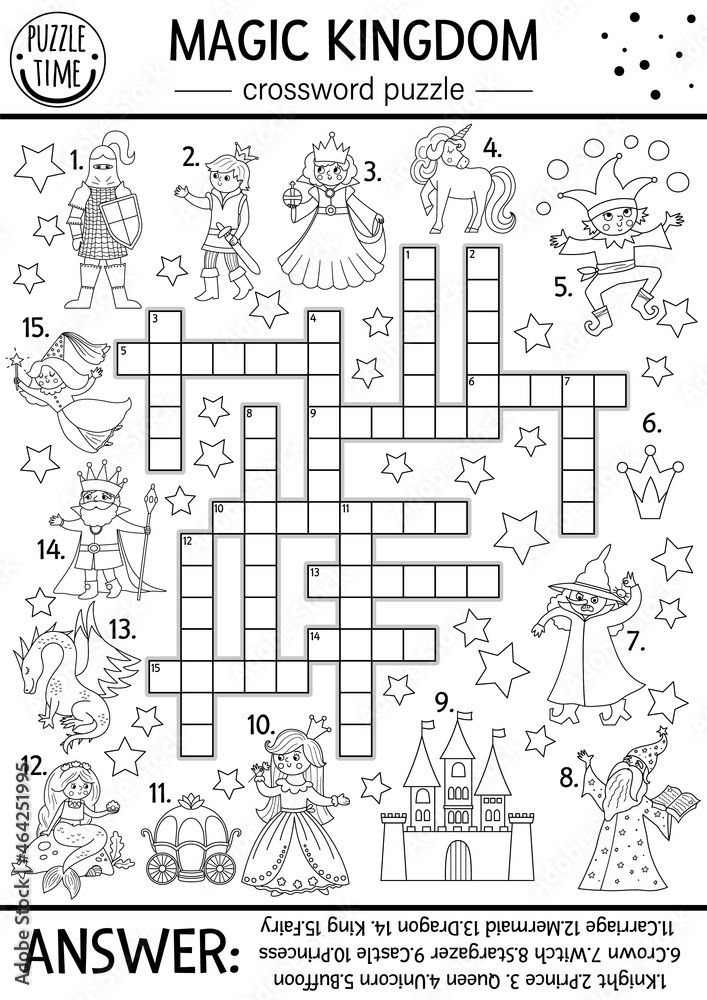 Vector fairytale black and white crossword puzzle for kids. Simple line ...
