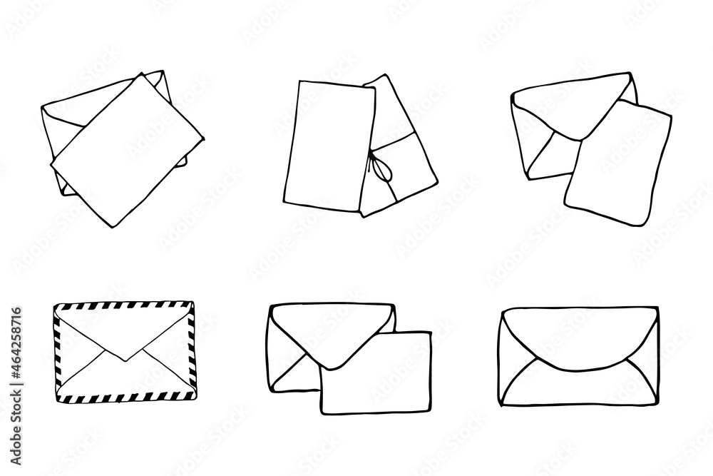 Mail icons collection, closed envelopes, email symbol. Sketch letter ...