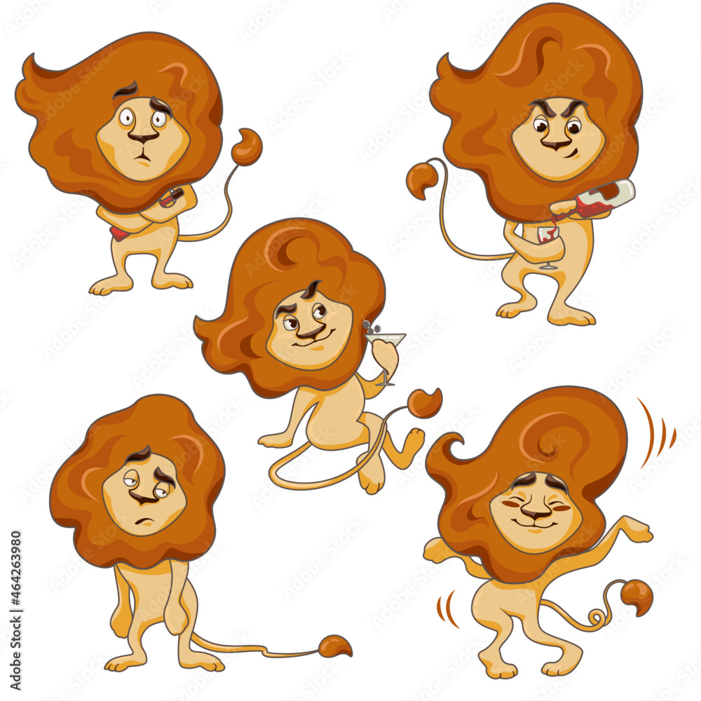 Set of lion character in five poses and emotions. Vector illustration ...
