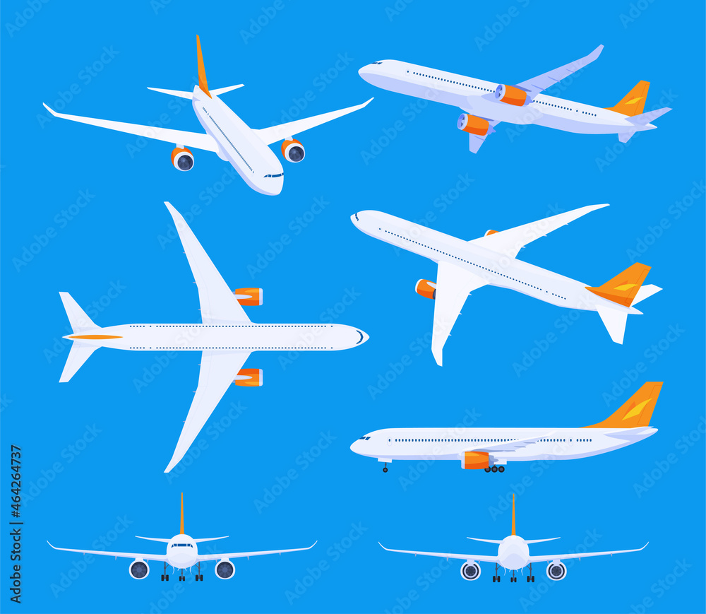 Vetor Airliner set vector illustration. Collection flying airplane side ...