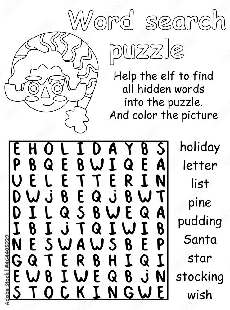Word search puzzle with little cartoon elf black and white activity ...
