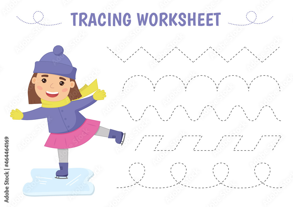Tracing lines and handwriting practice sheet for children. A cute girl ...