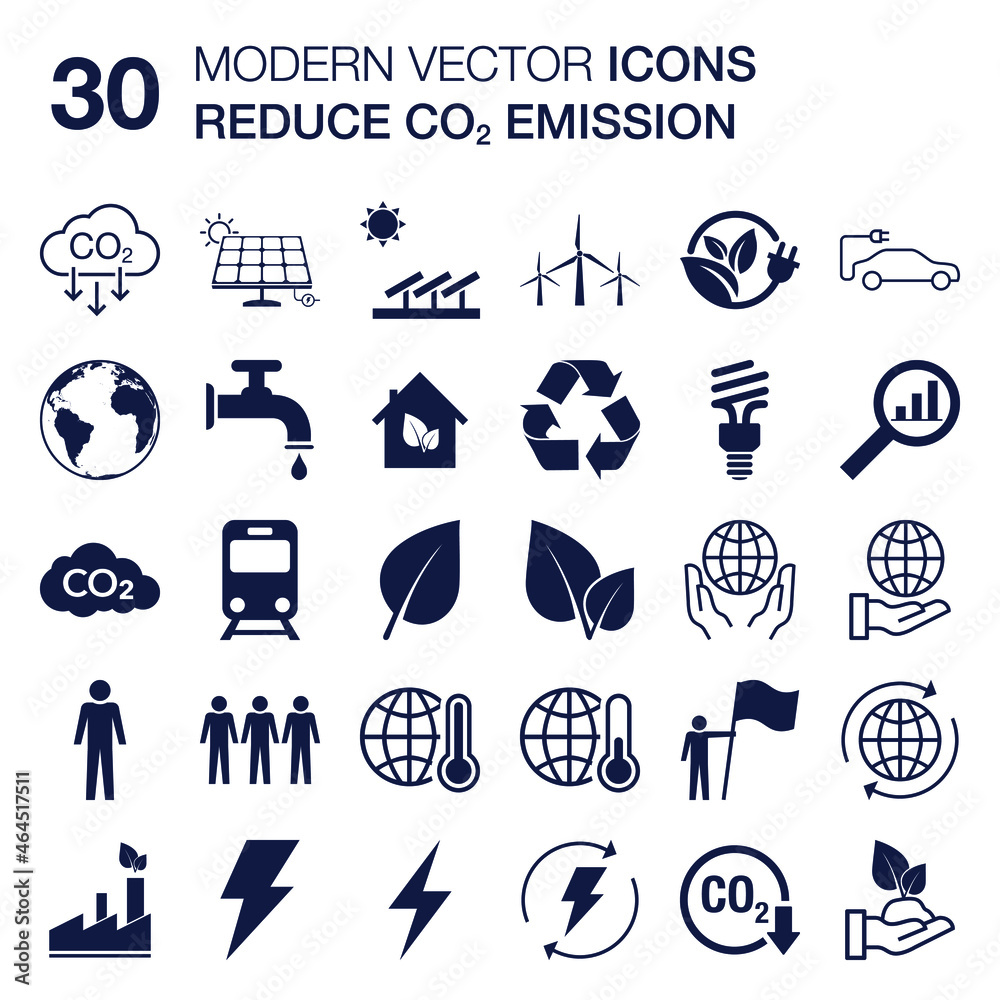 Reduce CO2 emissions icon set with shapes for carbon offset ...